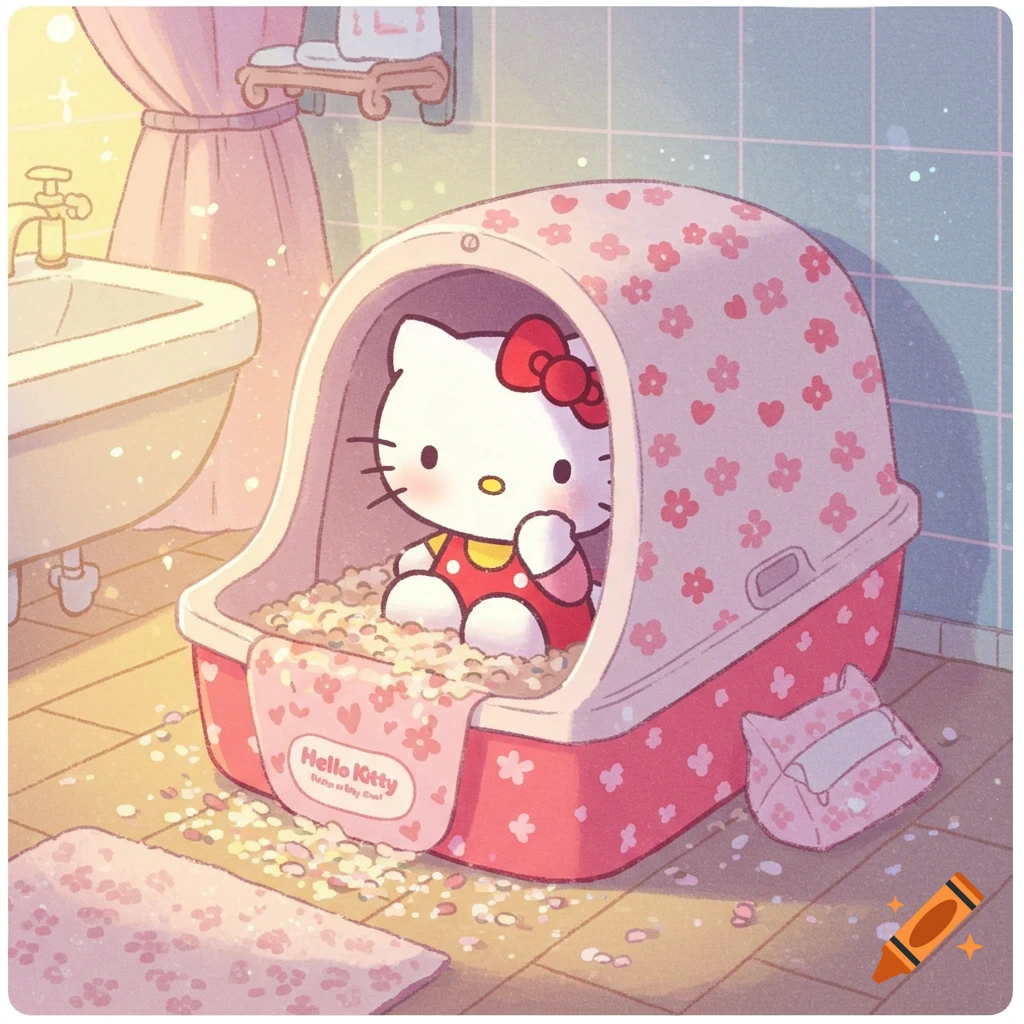 Hello Kitty sitting in a pink litter box in a sunny bathroom ...