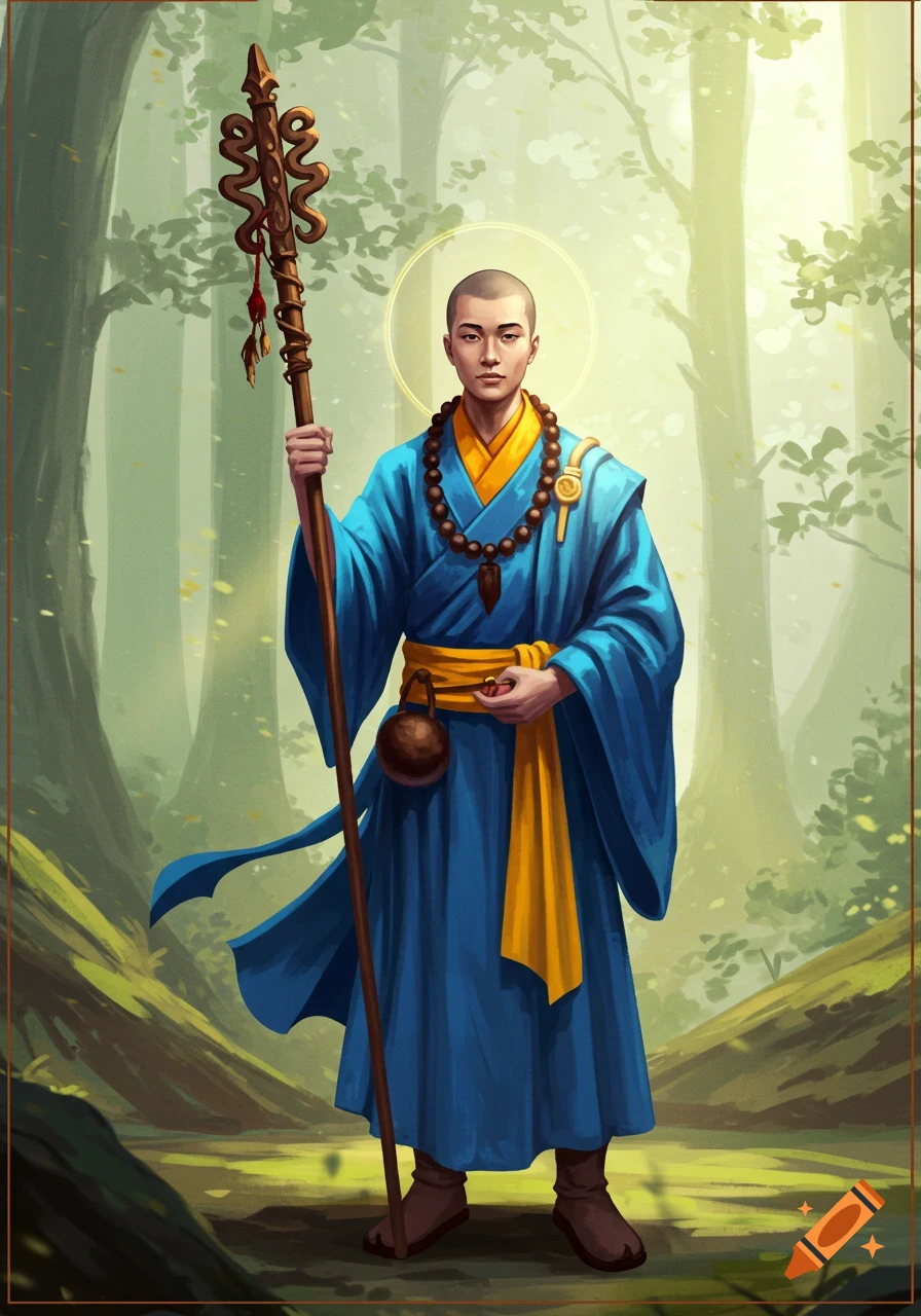 Fantasy illustration of a monk in blue and yellow robes holding a staff ...