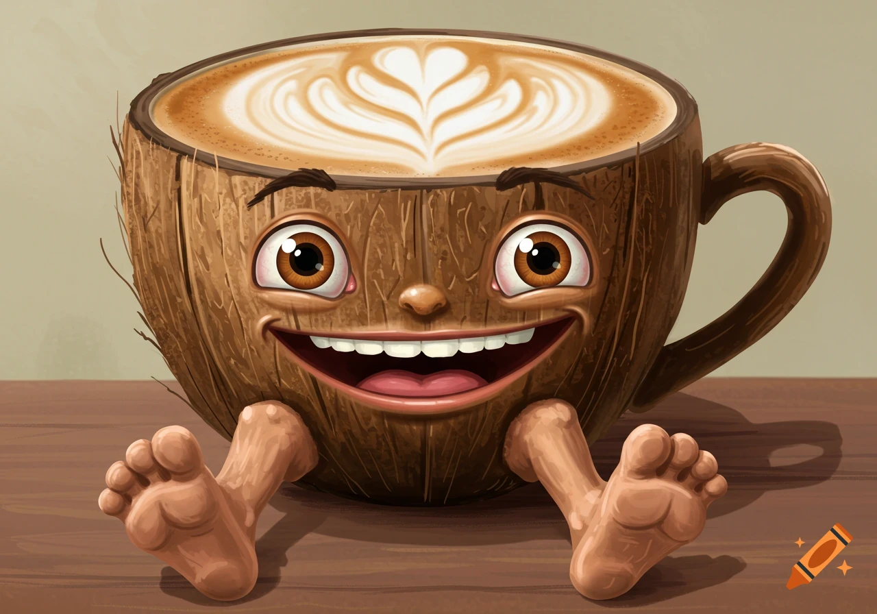 A cartoon coconut-shaped coffee cup character with a goofy face, large ...