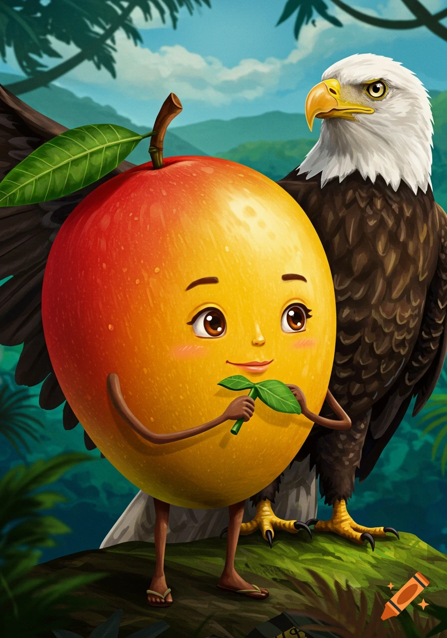 Cartoon mango with a face stands in front of an eagle in a forest. on ...