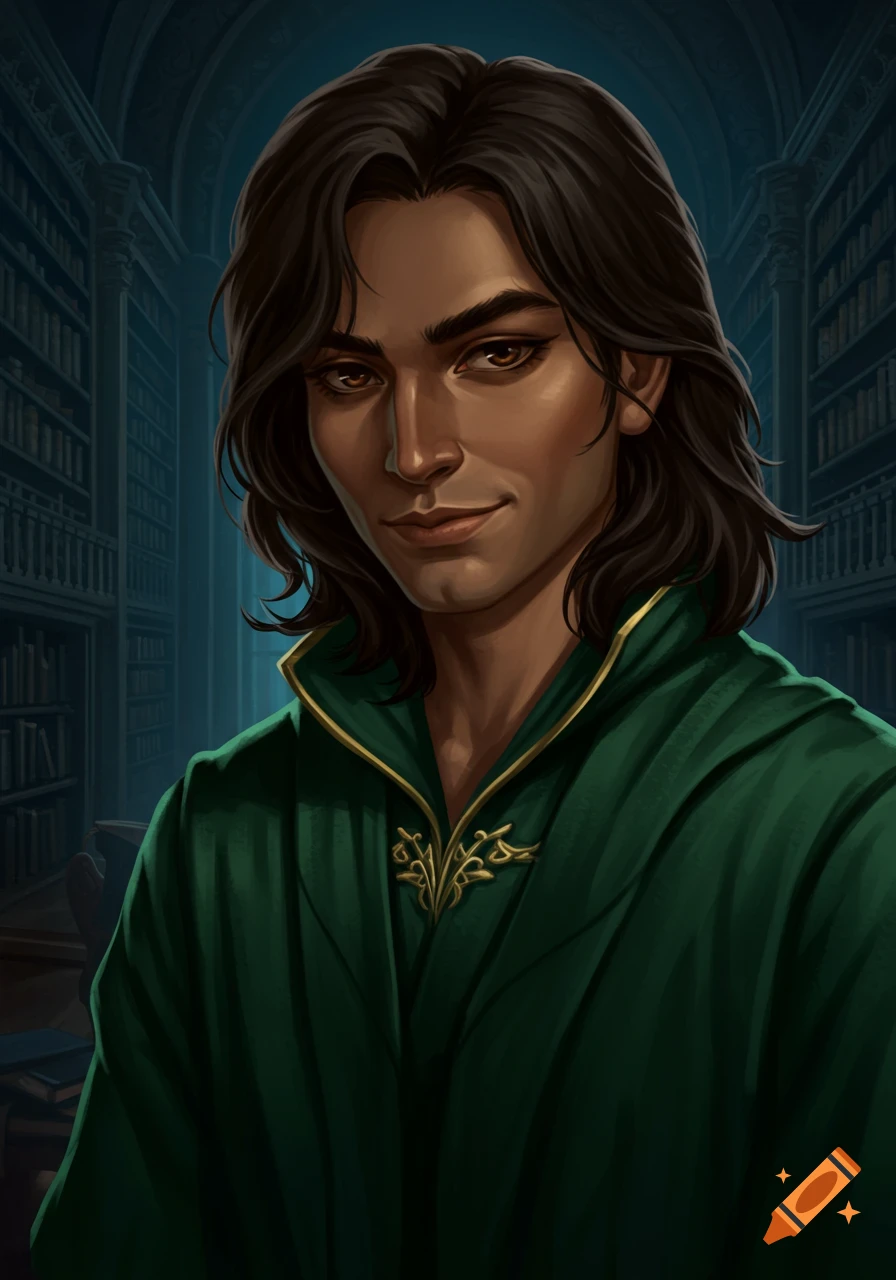 Portrait of a fantasy mage apprentice in a green robe with a subtle ...