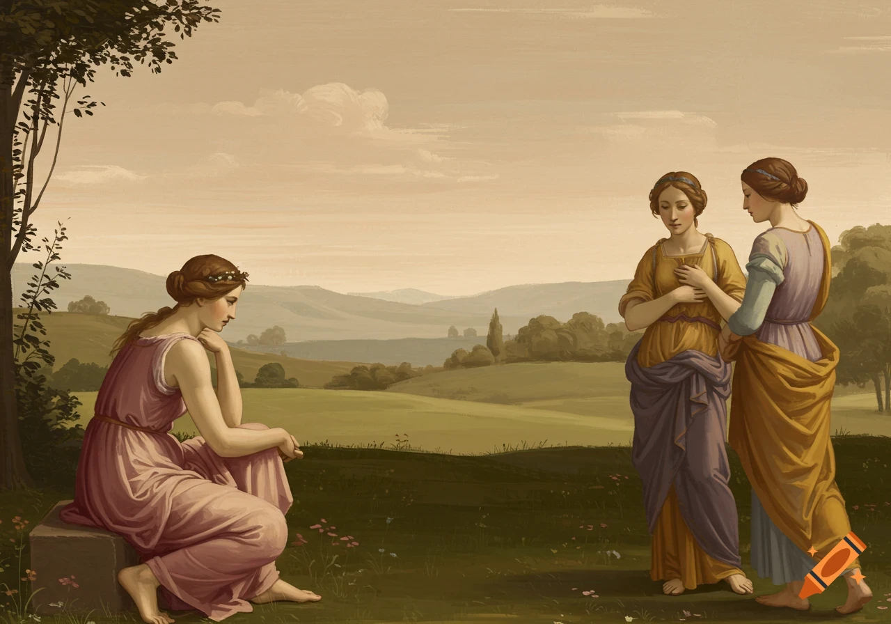 Three women in classical robes in a landscape painting, one seated, two ...