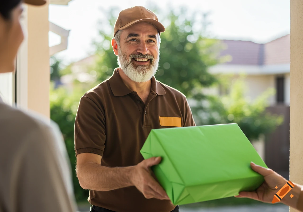 Smiling delivery man in brown shirt handing a green package to a ...