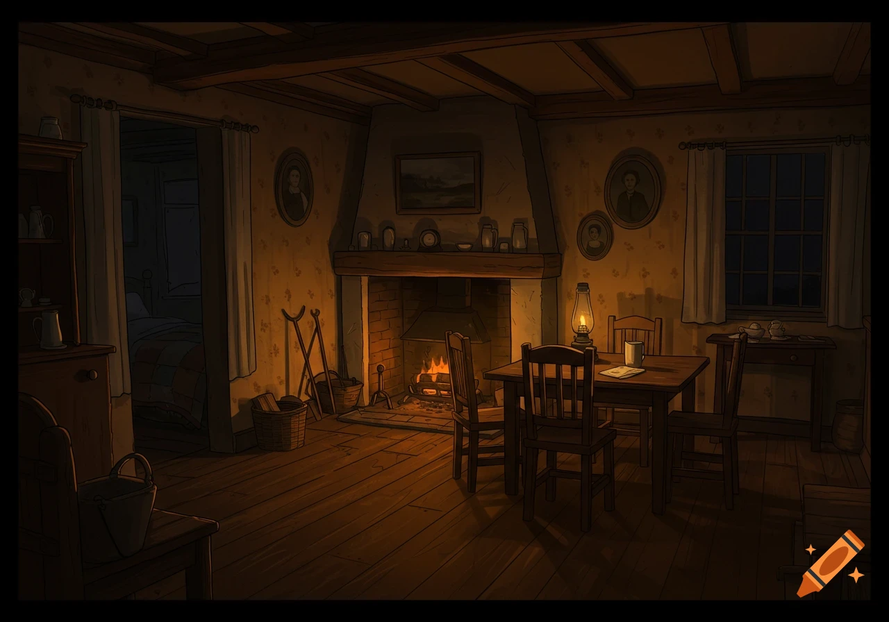 Cartoon illustration of a cozy, dimly lit room interior with a ...