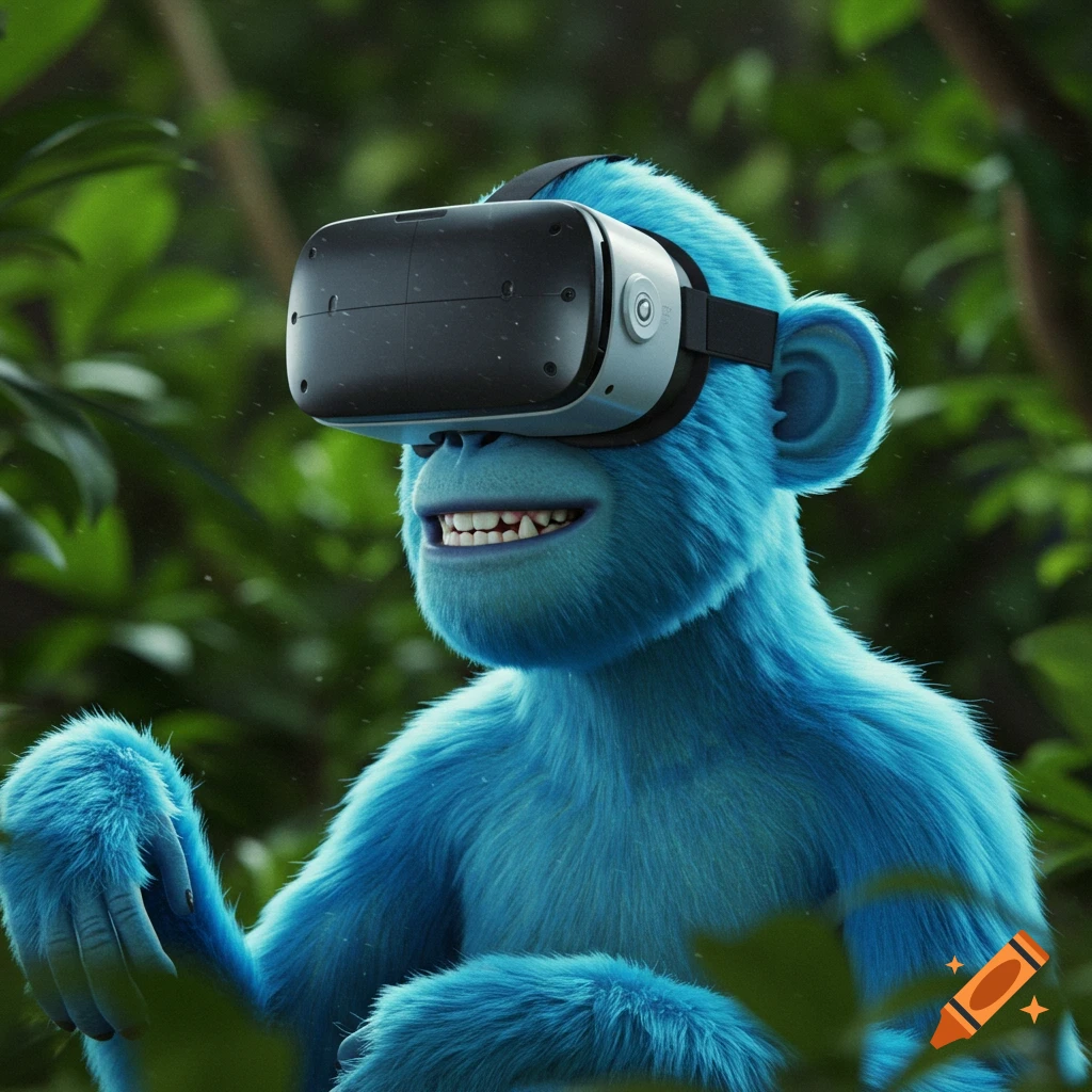 A blue monkey wearing a VR headset in a jungle. on Craiyon