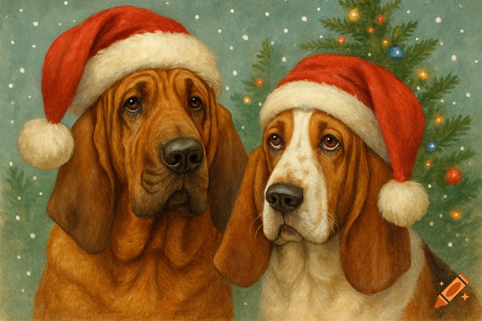 Illustration of a bloodhound and a basset hound wearing Santa hats in ...