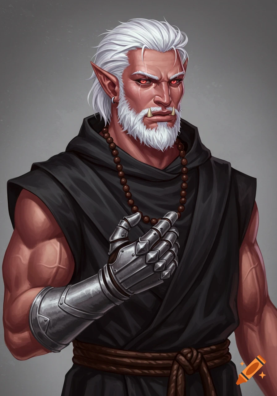 Portrait of a muscular half-orc monk with white hair, red eyes, and a ...