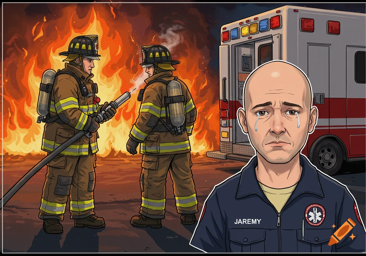 Bald man in paramedic uniform crying, with firefighters fighting a fire ...