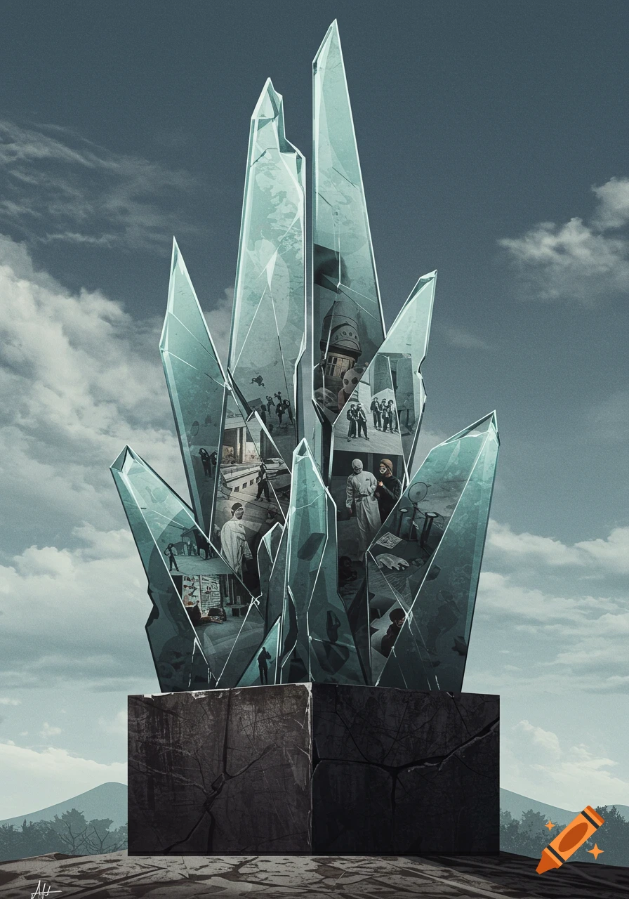 Crystal monument symbolizing the Covid-19 pandemic with scenes inside ...
