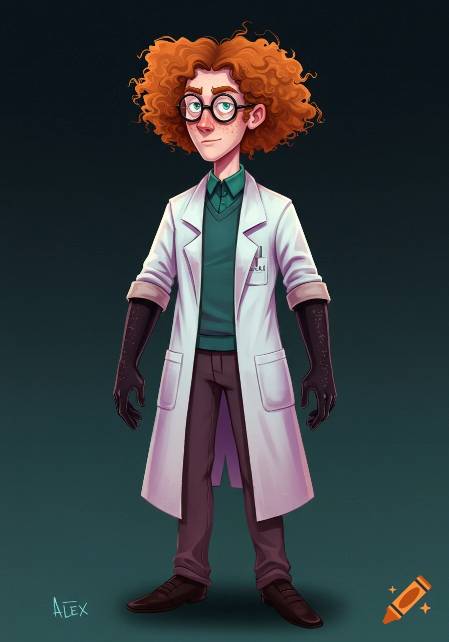 A cartoon scientist with curly ginger hair, glasses, a lab coat, and ...
