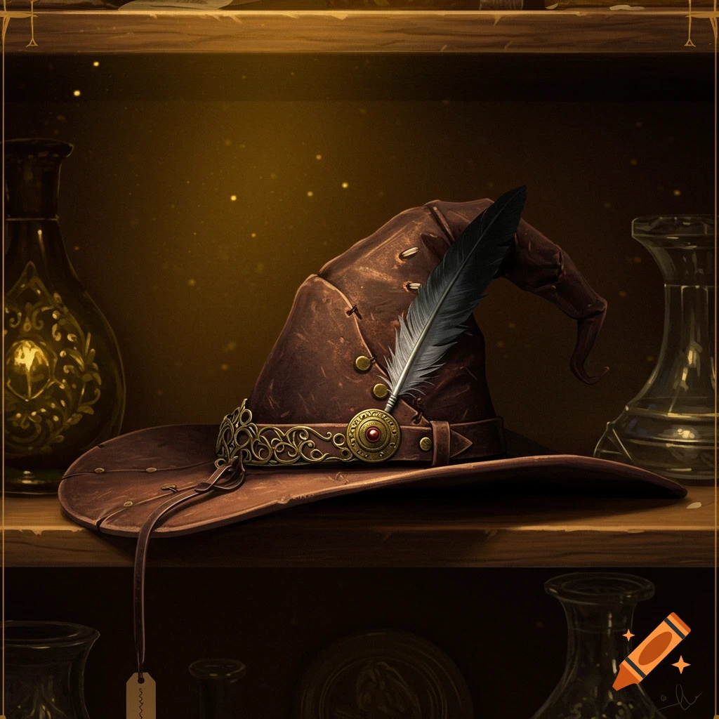 Detailed hyper realistic witch hunter hat with a feather on a wooden shelf with bottles. on Craiyon