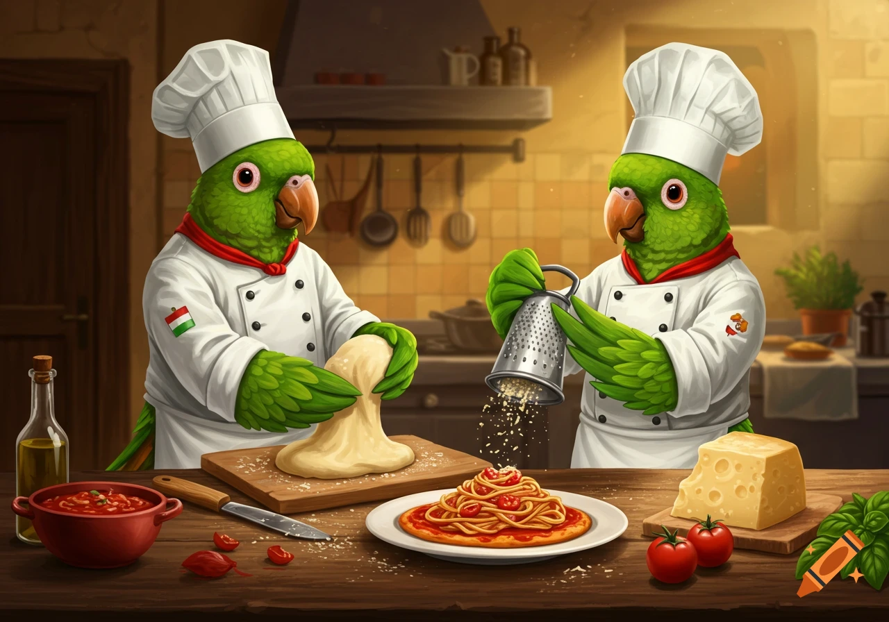 Illustration of two green parrots in chef hats making pasta and grating ...
