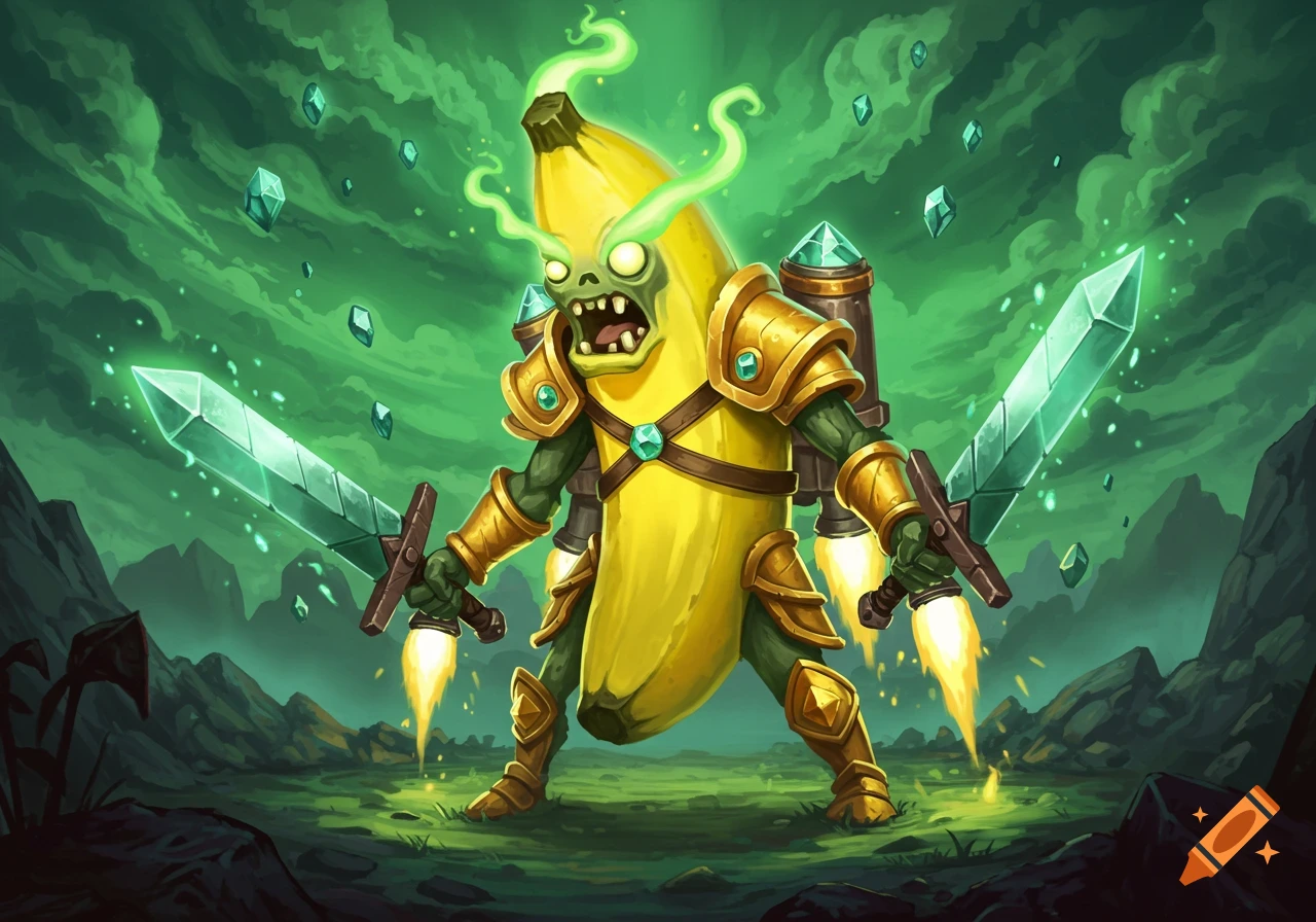A zombie banana warrior in golden armor with jetpacks and two glowing ...