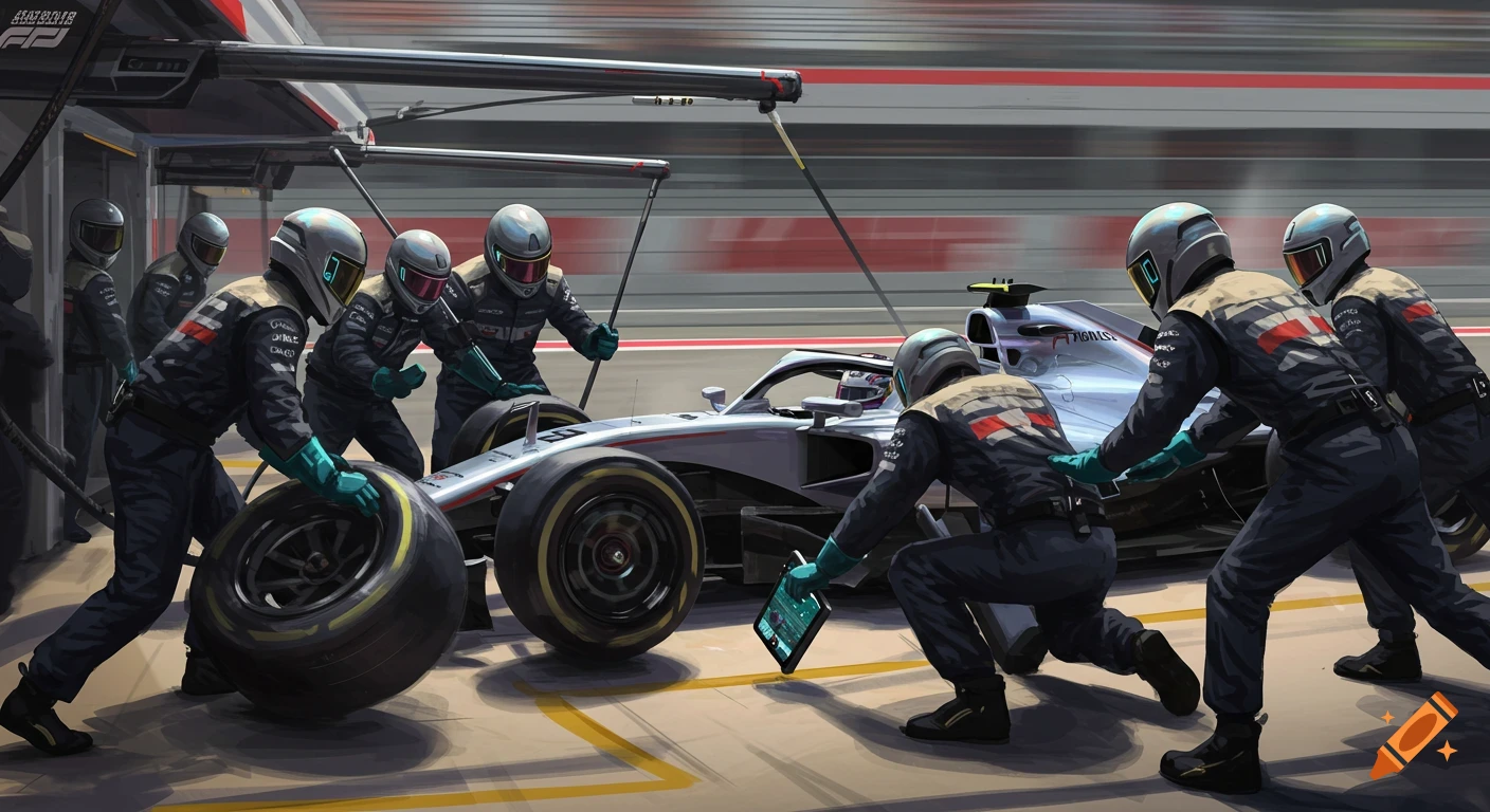 F1 pit crew changes tires on race car during a pit stop. Digital ...