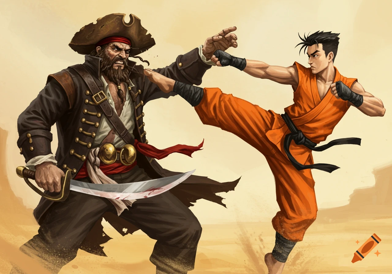 Illustration of a pirate fighting a martial artist with a kick in a ...