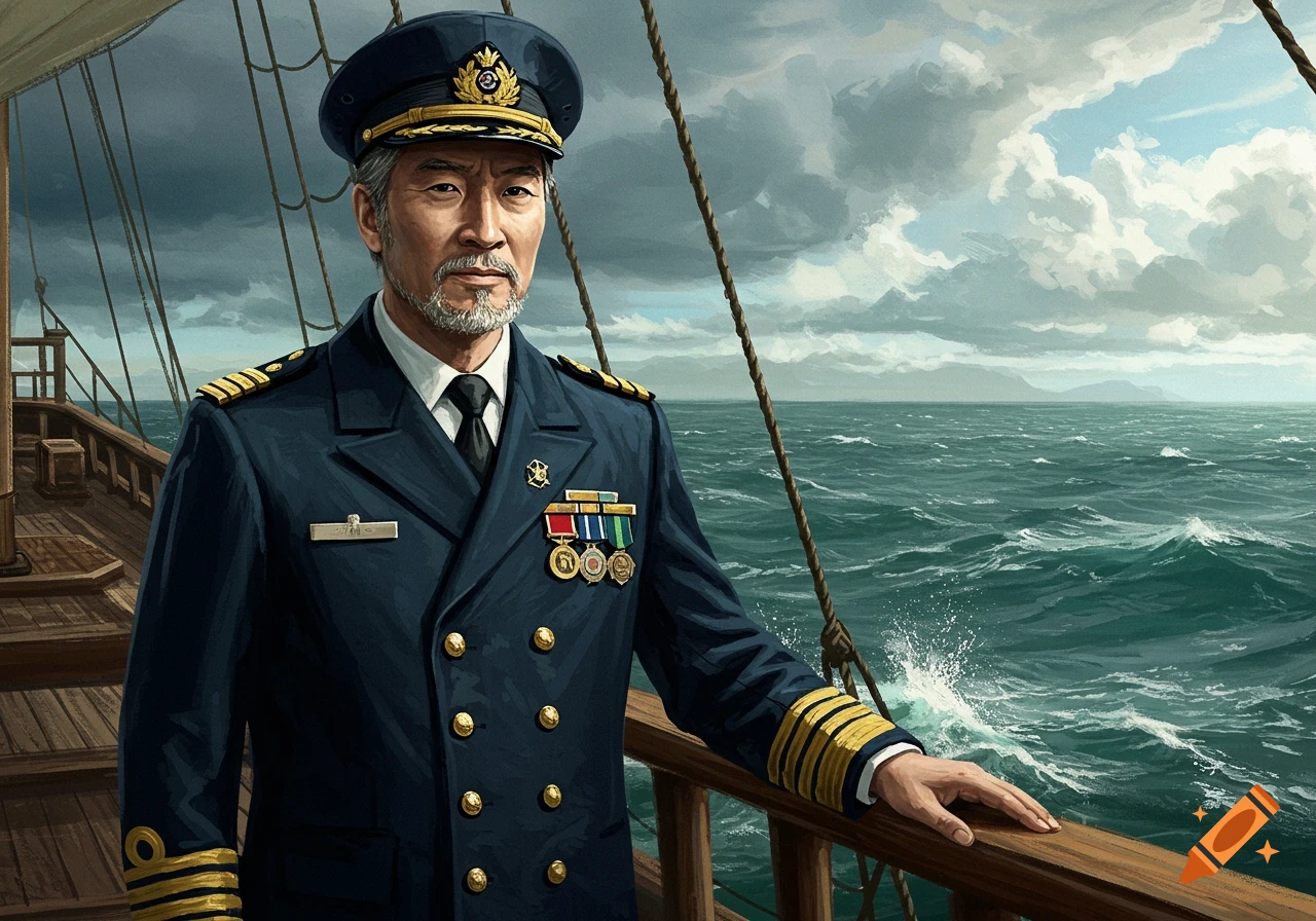 Painting of a man in a captain's uniform standing on a ship's deck. on ...