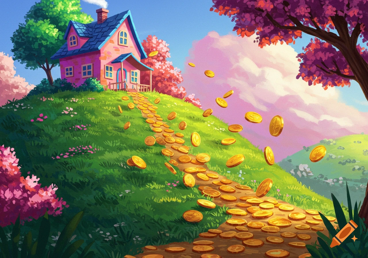 Bright illustration of a pink house on a hill with a path of gold coins ...