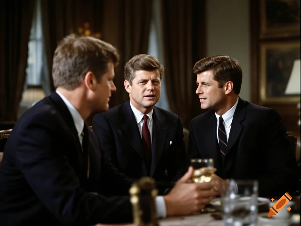 Three men resembling the Kennedy brothers sit at a table talking. on Craiyon