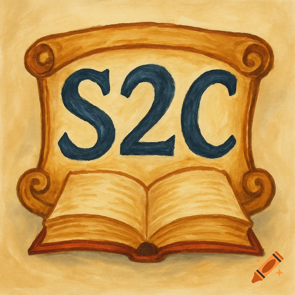 Illustrated logo with blue 'S2C' text on a golden scroll above an open ...