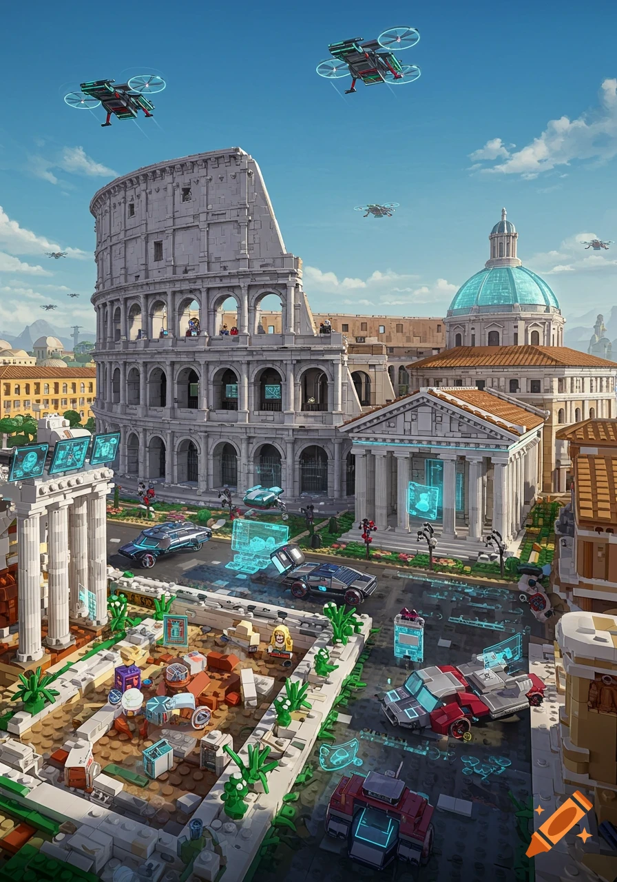 A futuristic LEGO version of the Roman Colosseum and surrounding ...