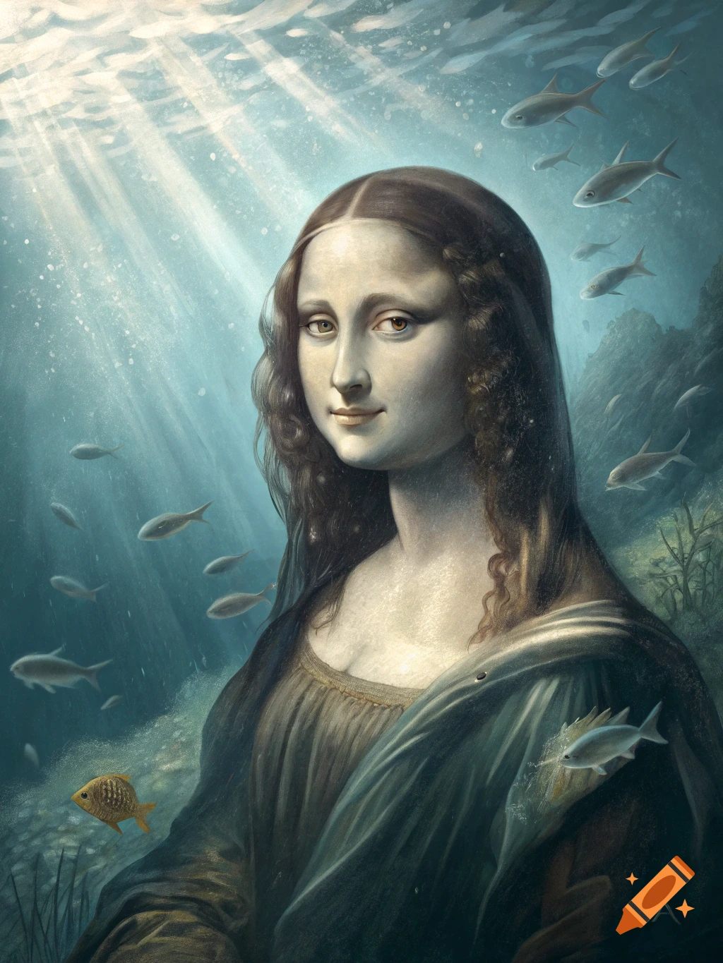 Painting of the Mona Lisa underwater surrounded by fish and sunbeams ...
