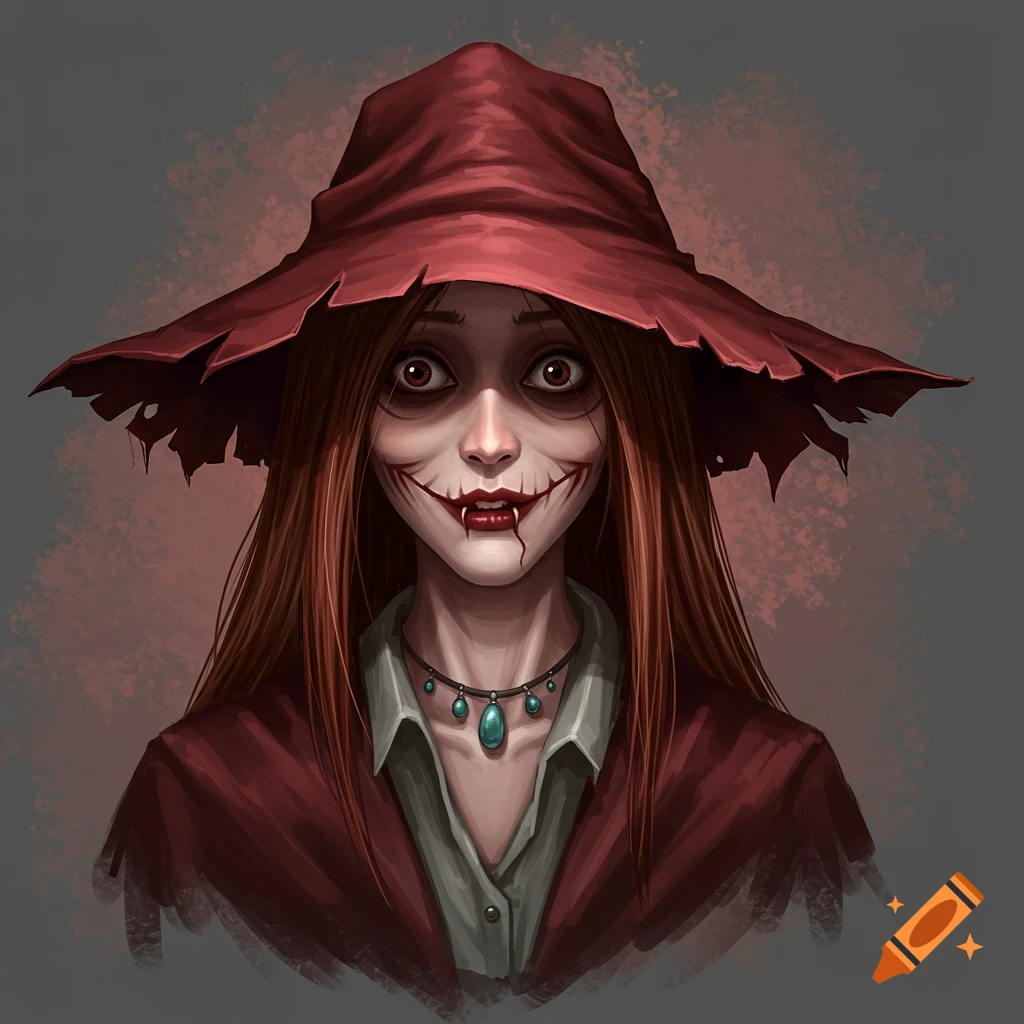 Portrait illustration of a creepy character with a wide grin, sharp ...