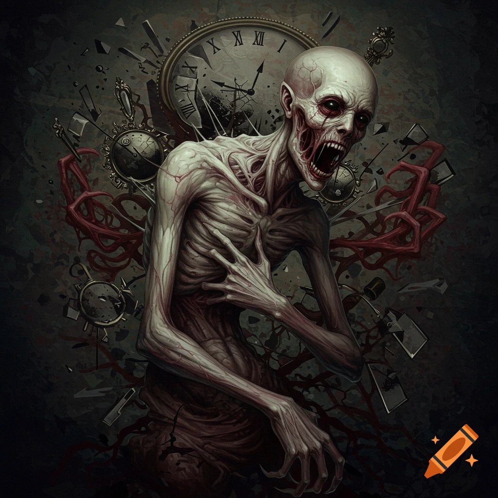 An emaciated monster with red eyes and gaping mouth stands before ...