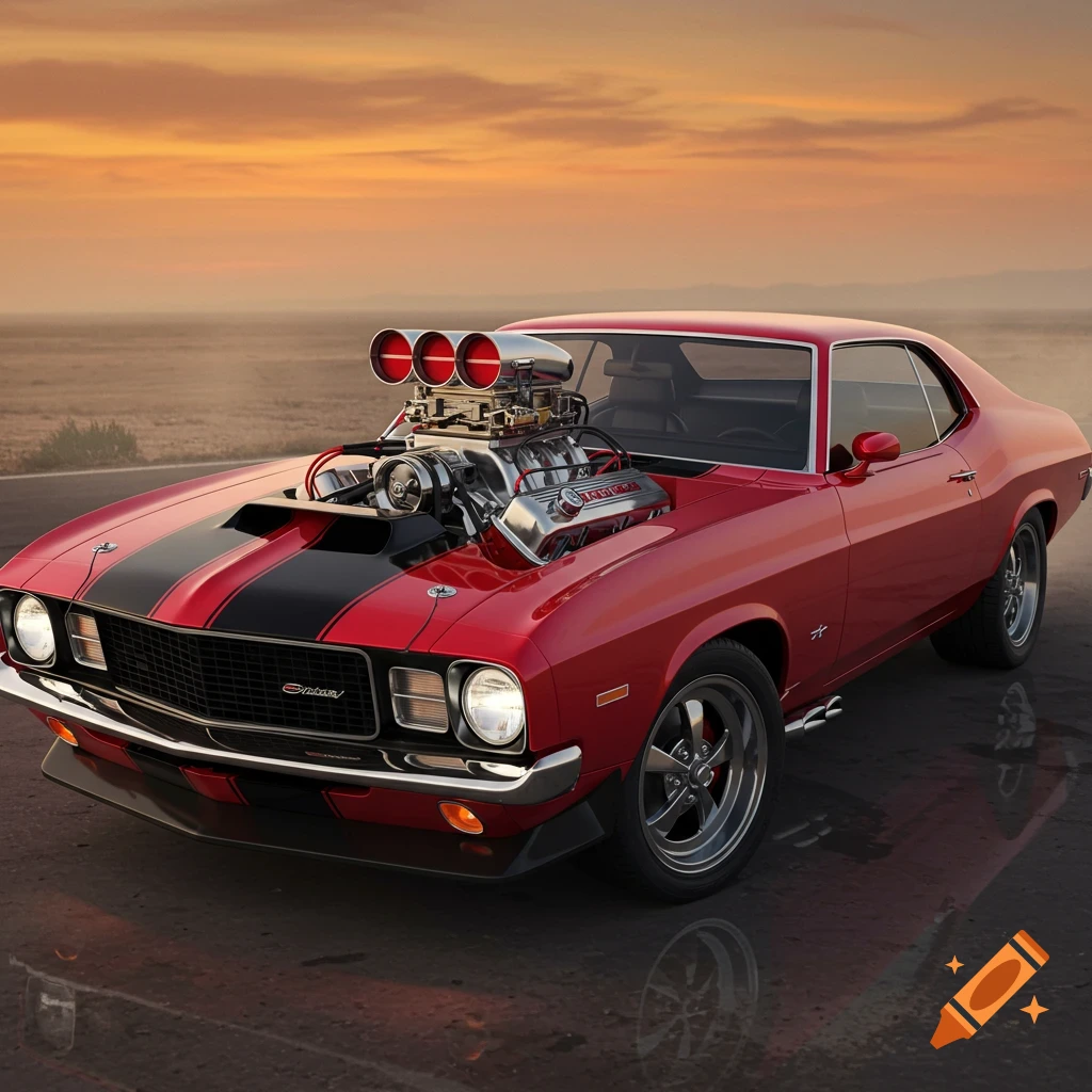 A red muscle car with a supercharger on the hood, parked at sunset. on ...