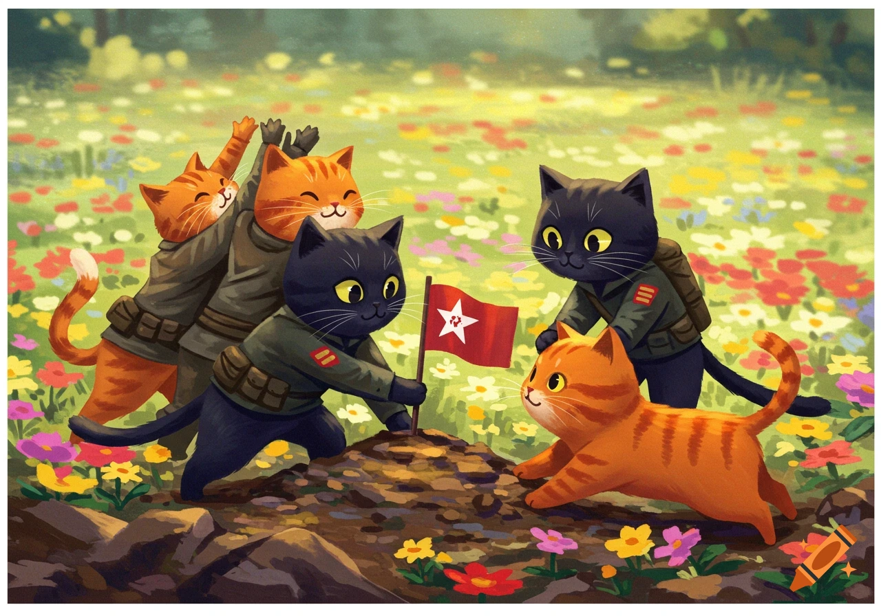 Cartoon cats in military uniforms planting a red flag in a flower field ...