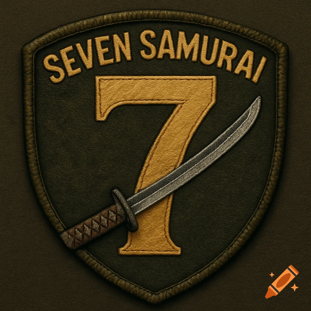 Military-style patch with 'SEVEN SAMURAI' text, a large 7, and a katana sword. on Craiyon