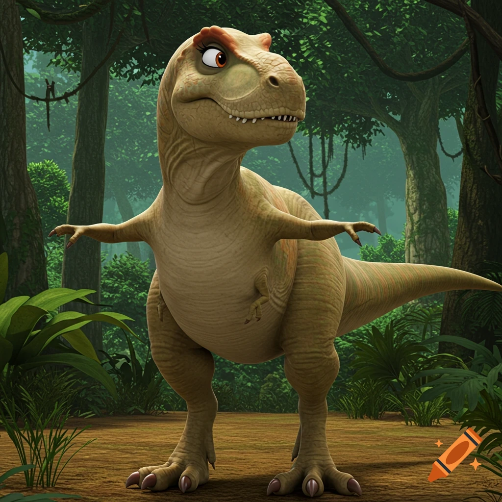 A cartoon female T-Rex standing in a lush jungle. on Craiyon