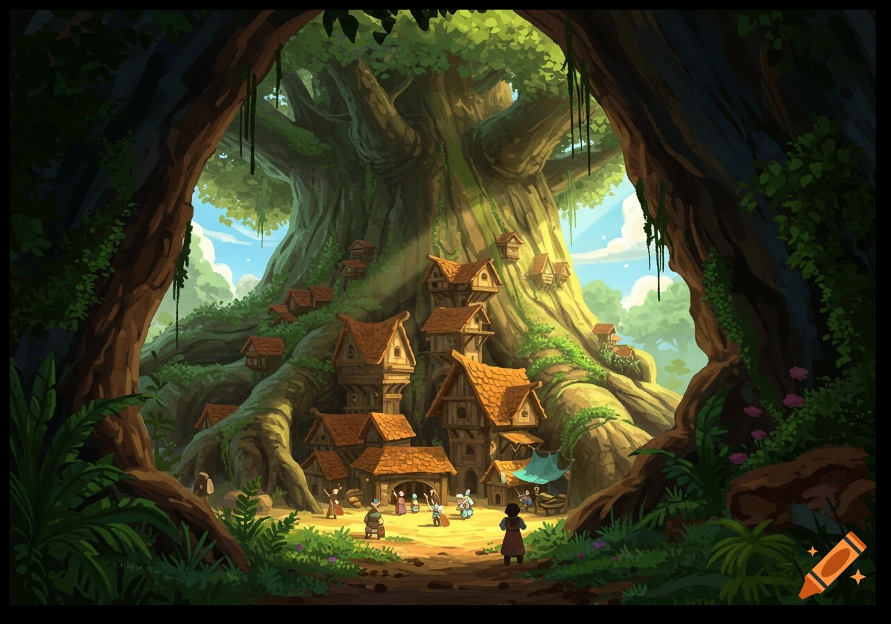 Detailed illustration of a fantasy village built into the roots of a ...