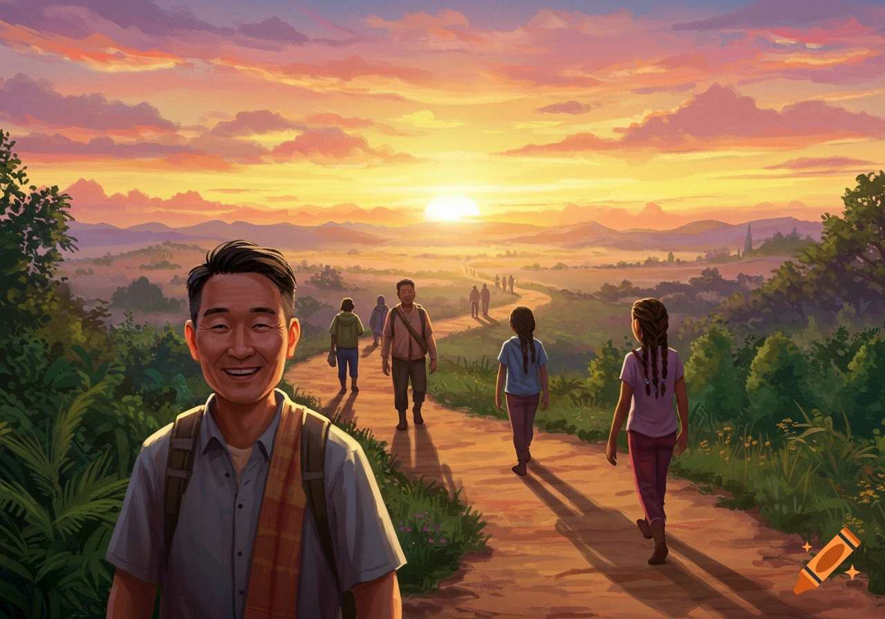 Digital painting of people walking on a path towards a bright sunrise ...