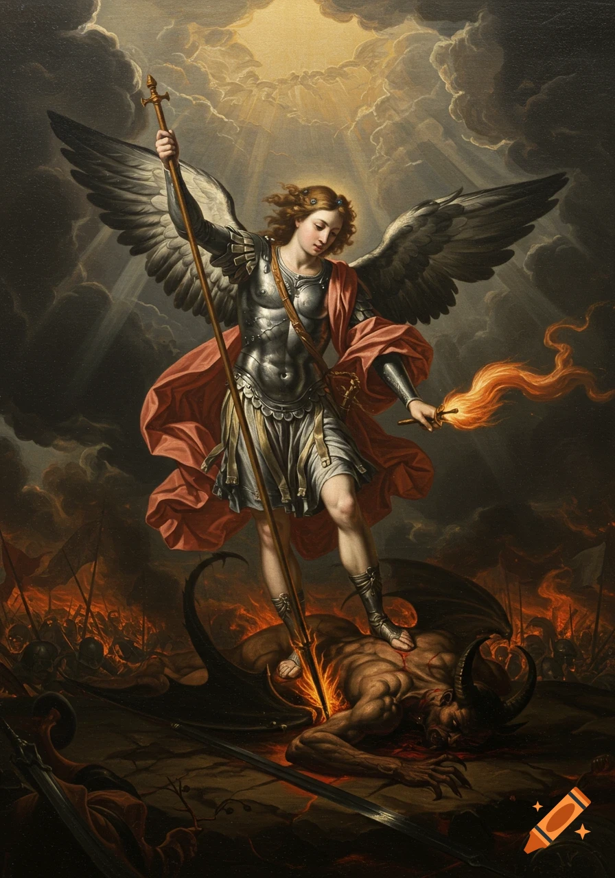 Baroque painting of Archangel Michael standing over a defeated demon on ...