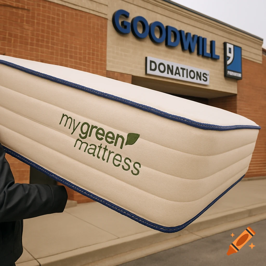 Person holding a mattress in front of a Goodwill building on Craiyon