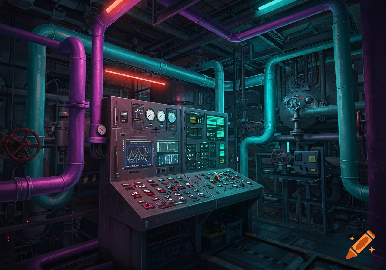 Detailed industrial control panel with screens, buttons, pipes, and ...