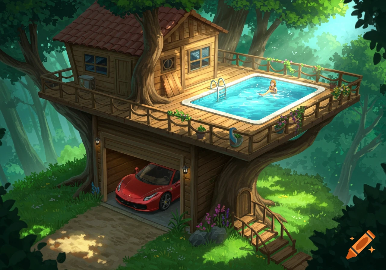 An illustration of a large treehouse with a pool on a deck and a garage ...