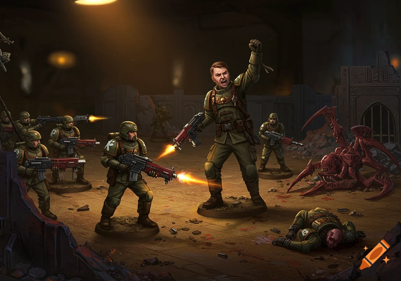 Warhammer 40K illustration of Imperial Guard fighting a Tyranid beast ...