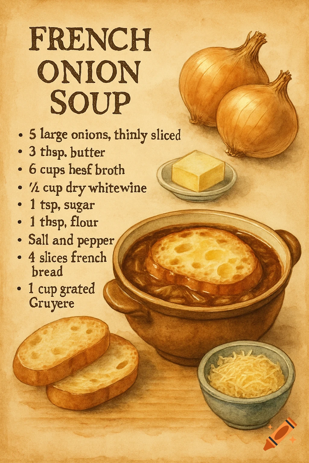 Illustrated recipe card for French Onion Soup with illustrations of ...