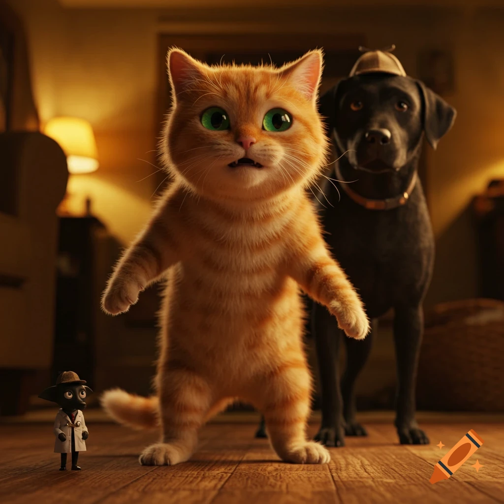 Ginger cat stands on two legs next to a black dog wearing a hat, with a ...