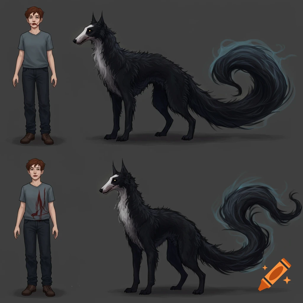 Digital illustration showing a human and a black wolf-like creature with a smoke tail ...