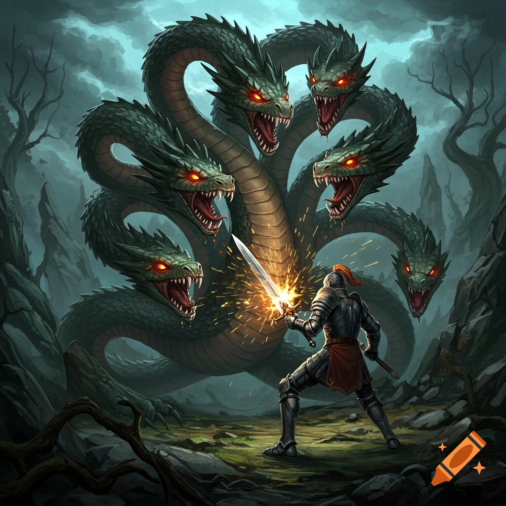 A knight battles a green hydra with multiple heads in a dark, cloudy ...