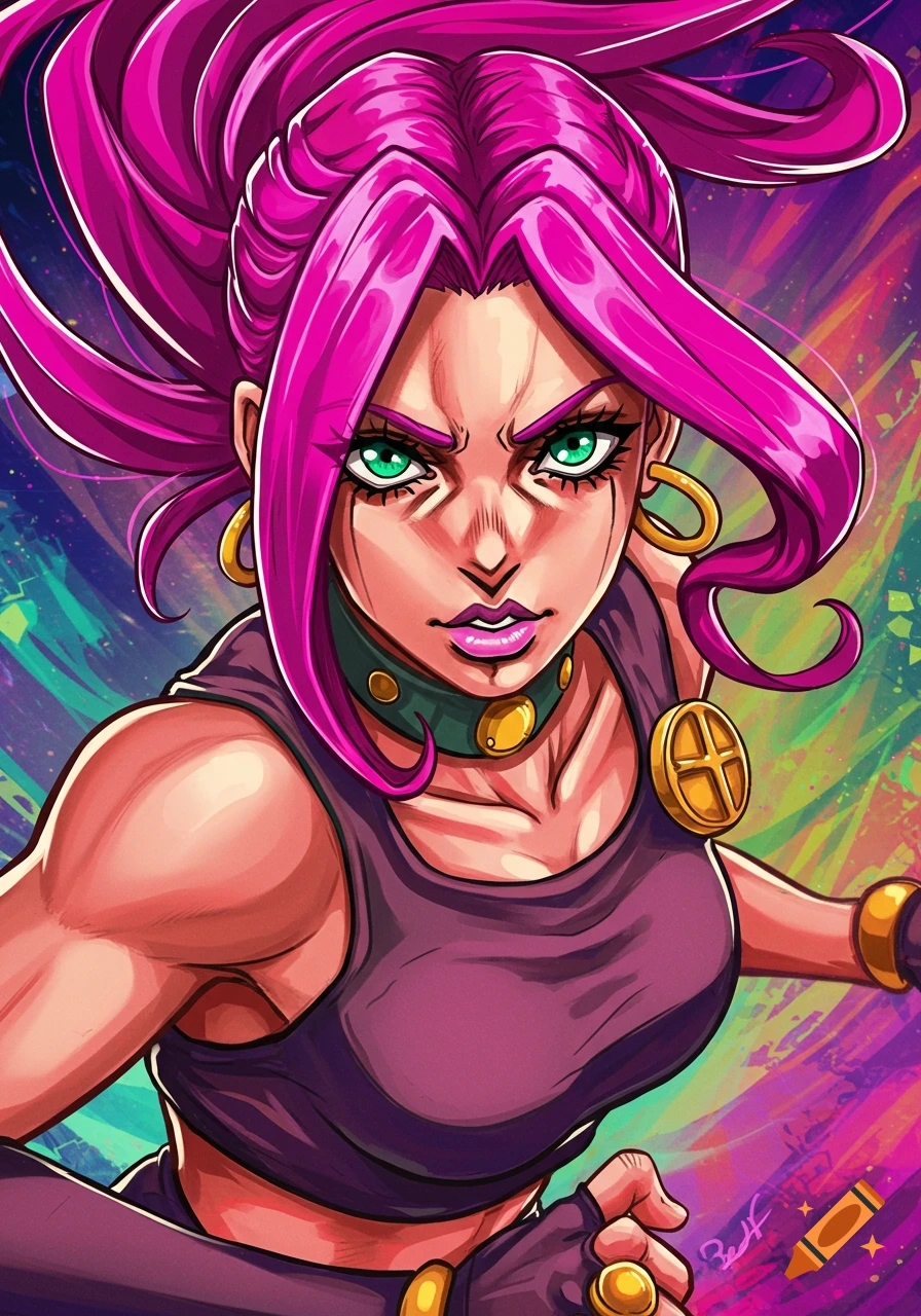 Stylized illustration of a woman with pink spiky hair and green eyes in ...