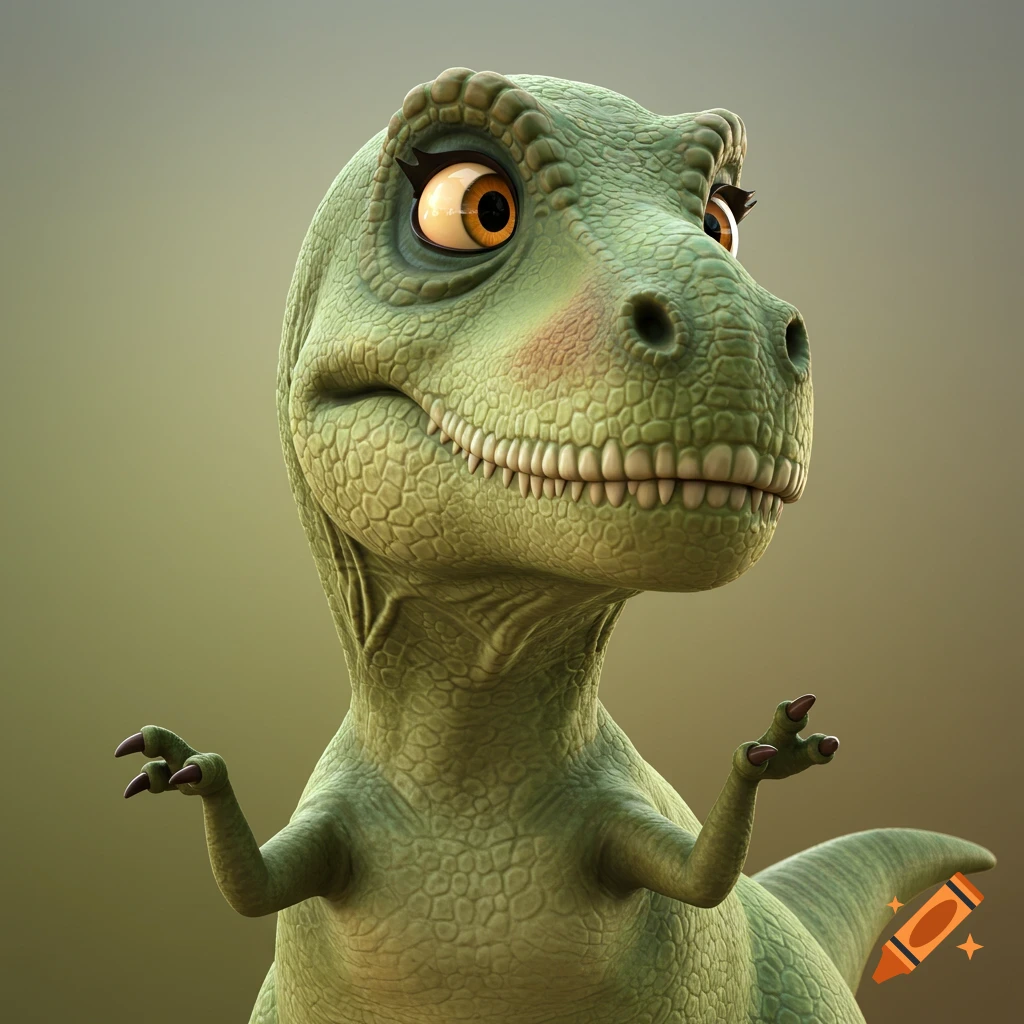 A cute cartoon T-Rex with wide eyes and small arms reaching out. on Craiyon