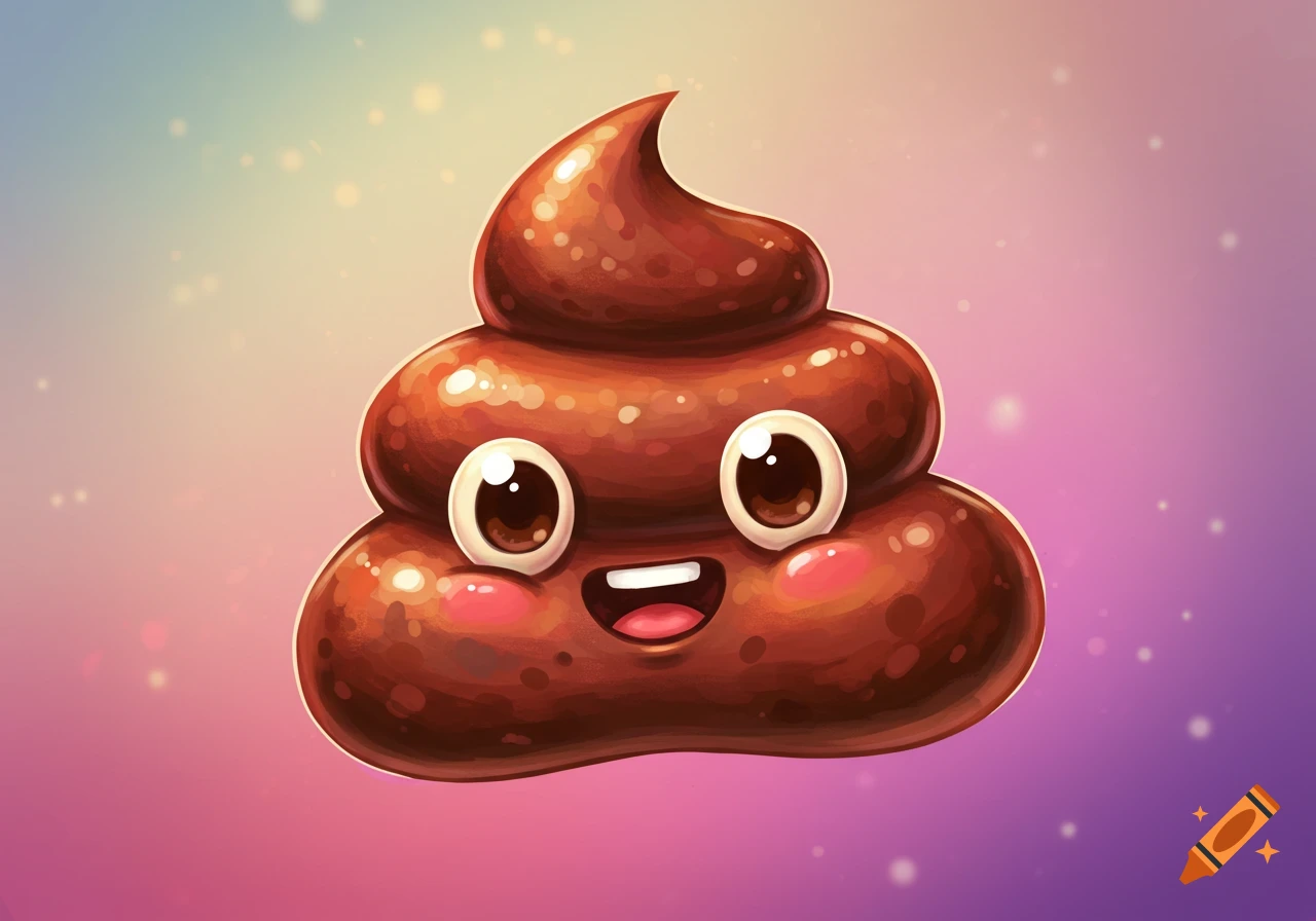 A cute cartoon poop character with big eyes and a smile on a gradient ...
