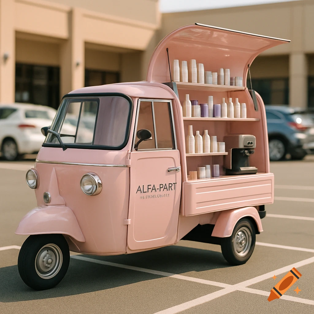 Pink three-wheeled van converted into a mobile shop with shelves of ...