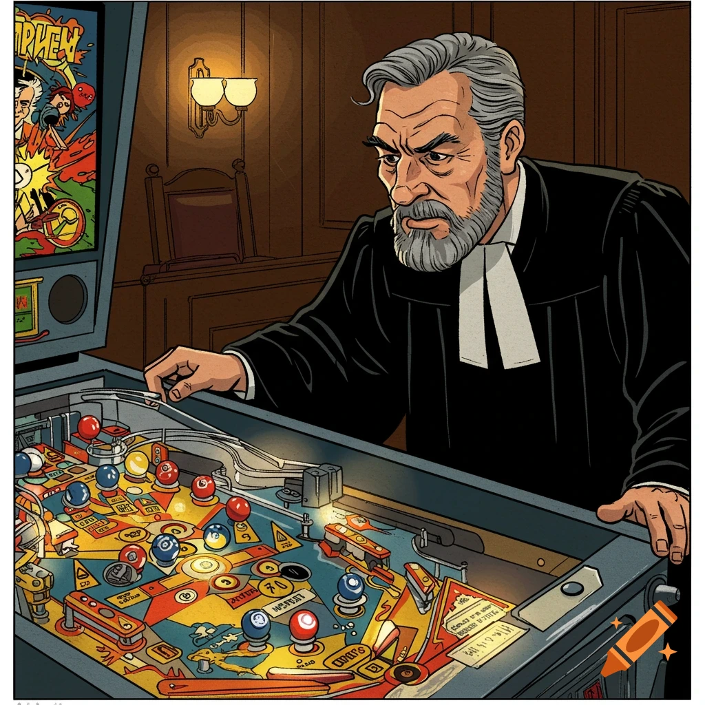 A judge in robes plays a pinball machine in a courtroom, illustrated in ...