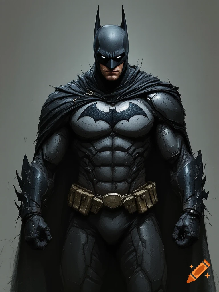 Full body image of Batman in a dark, worn Arkham-style suit with ...