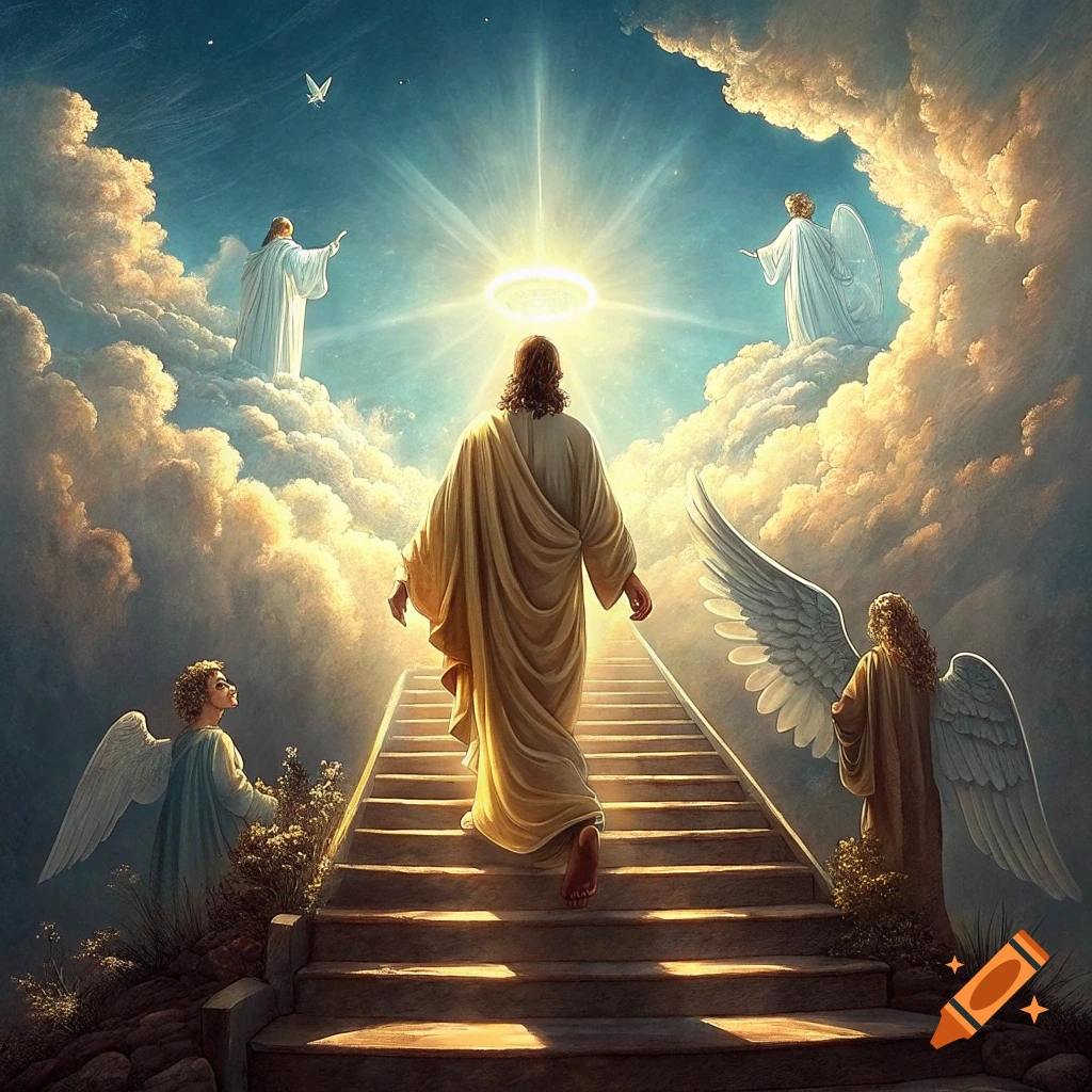 Painting of Jesus walking up stairs into heavenly light, surrounded by angels in clouds. on Craiyon