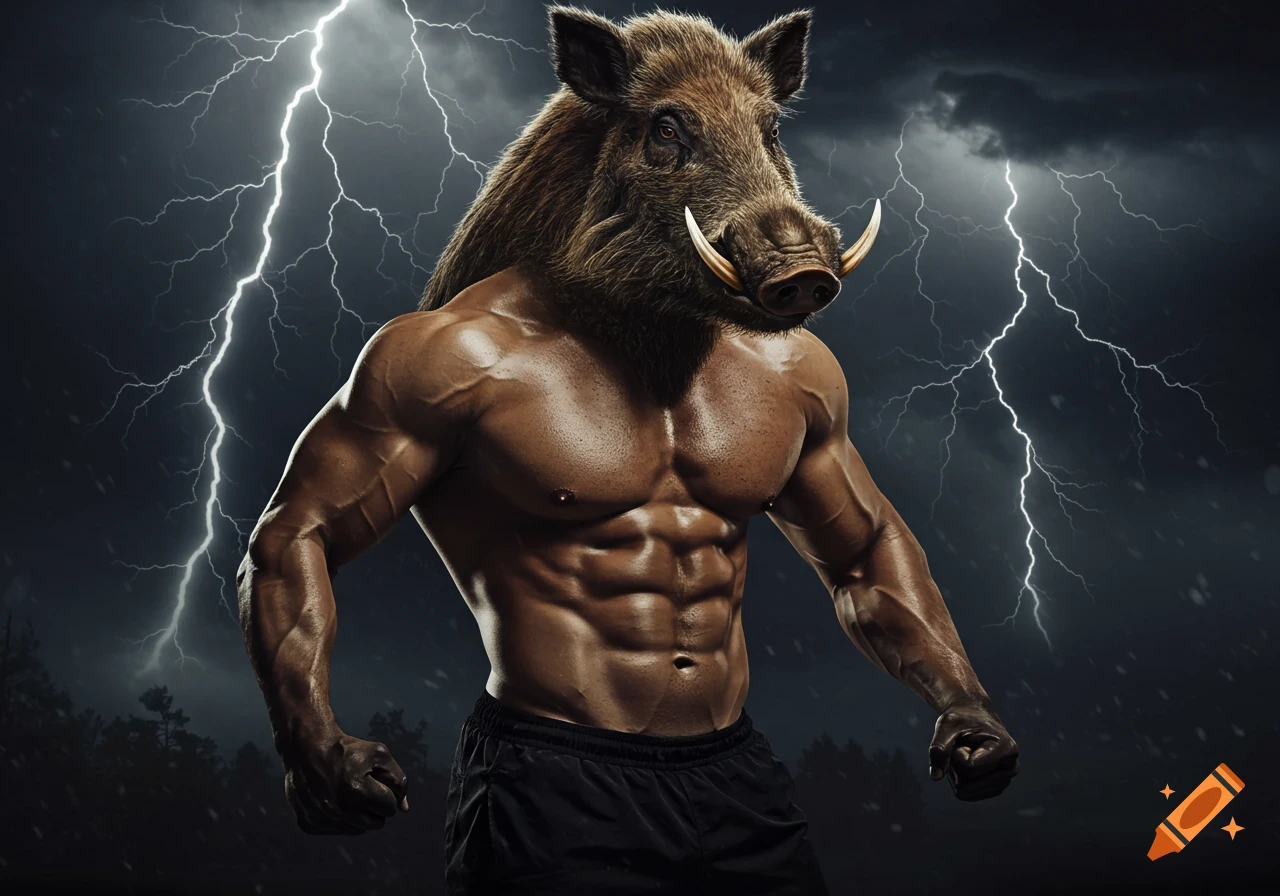 A muscular shirtless man with a boar head stands against a stormy sky ...